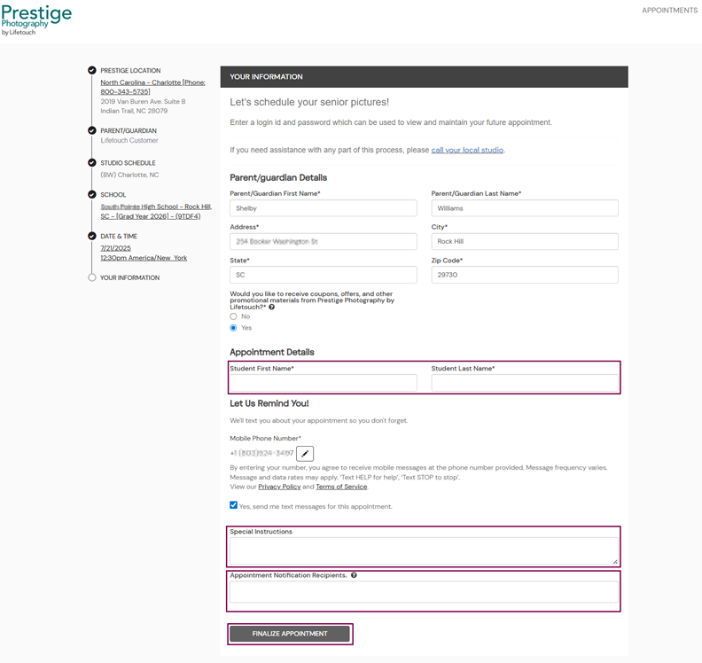 Scheduling Studio Appointments - Prestige